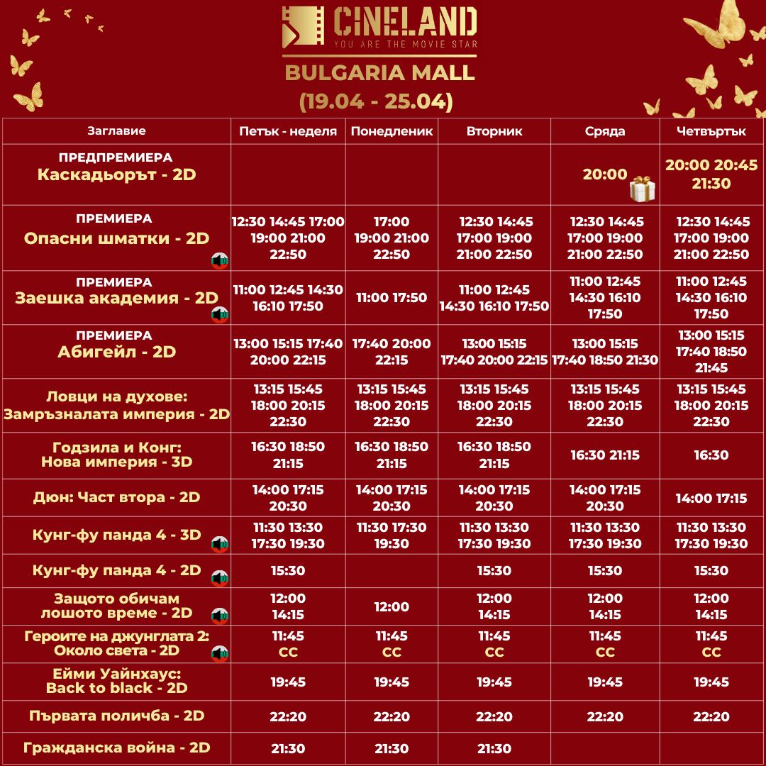 CineLand България Мол София: Кино програма за периода от 19-25 април